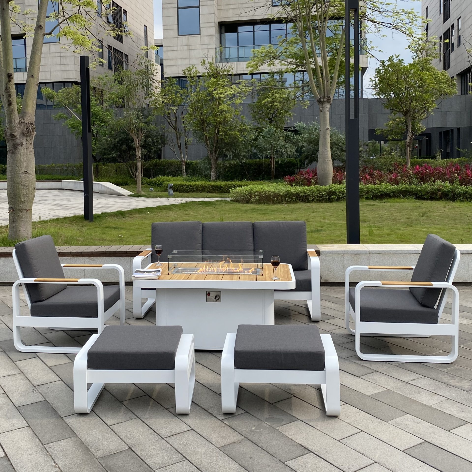 Rectangle teak wood fire table with sofas - Outdoor Fire Pit ...